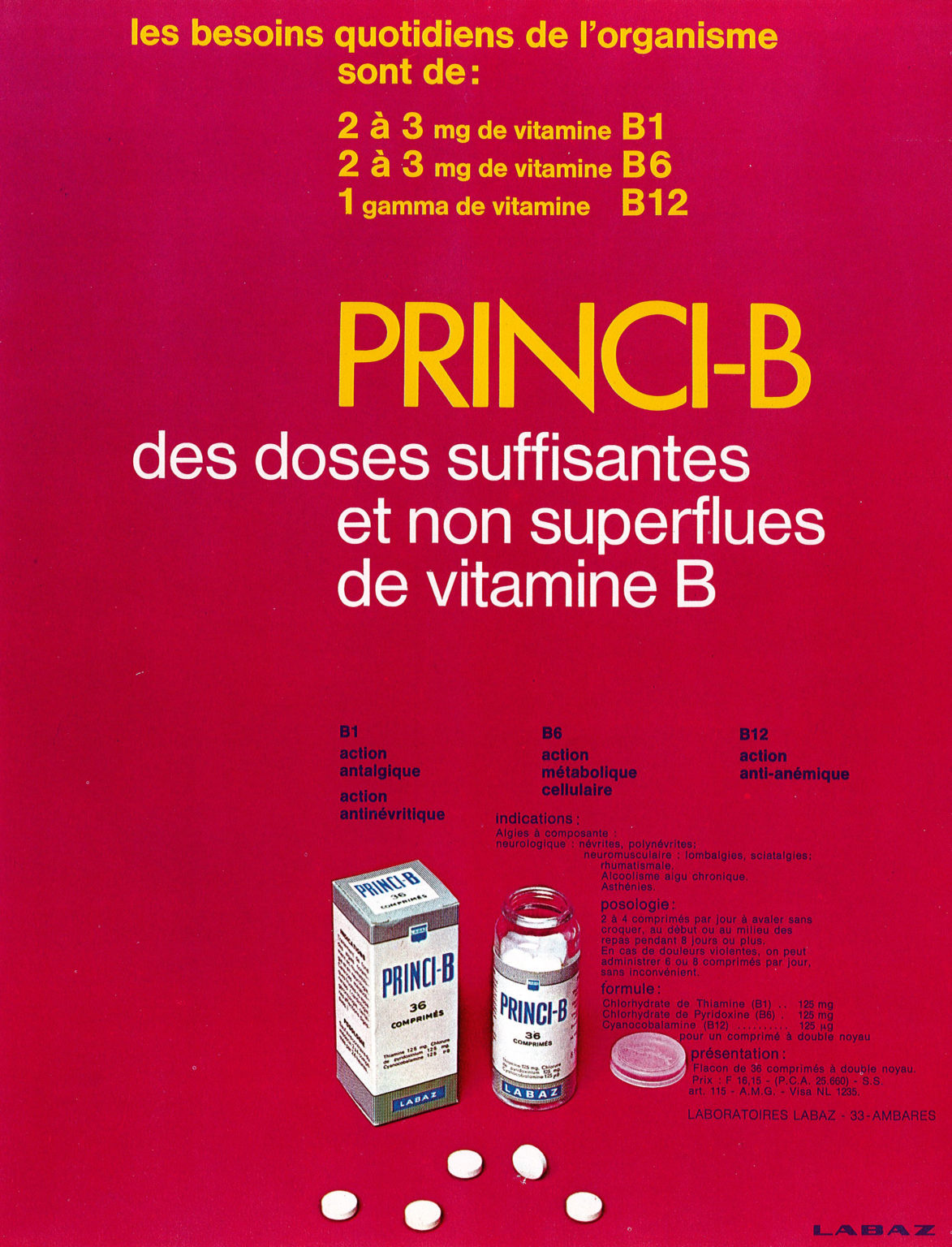 Princi-B® (vitamins B1, B6, B12), from Laboratoires Labaz (Paris), 1971 ...