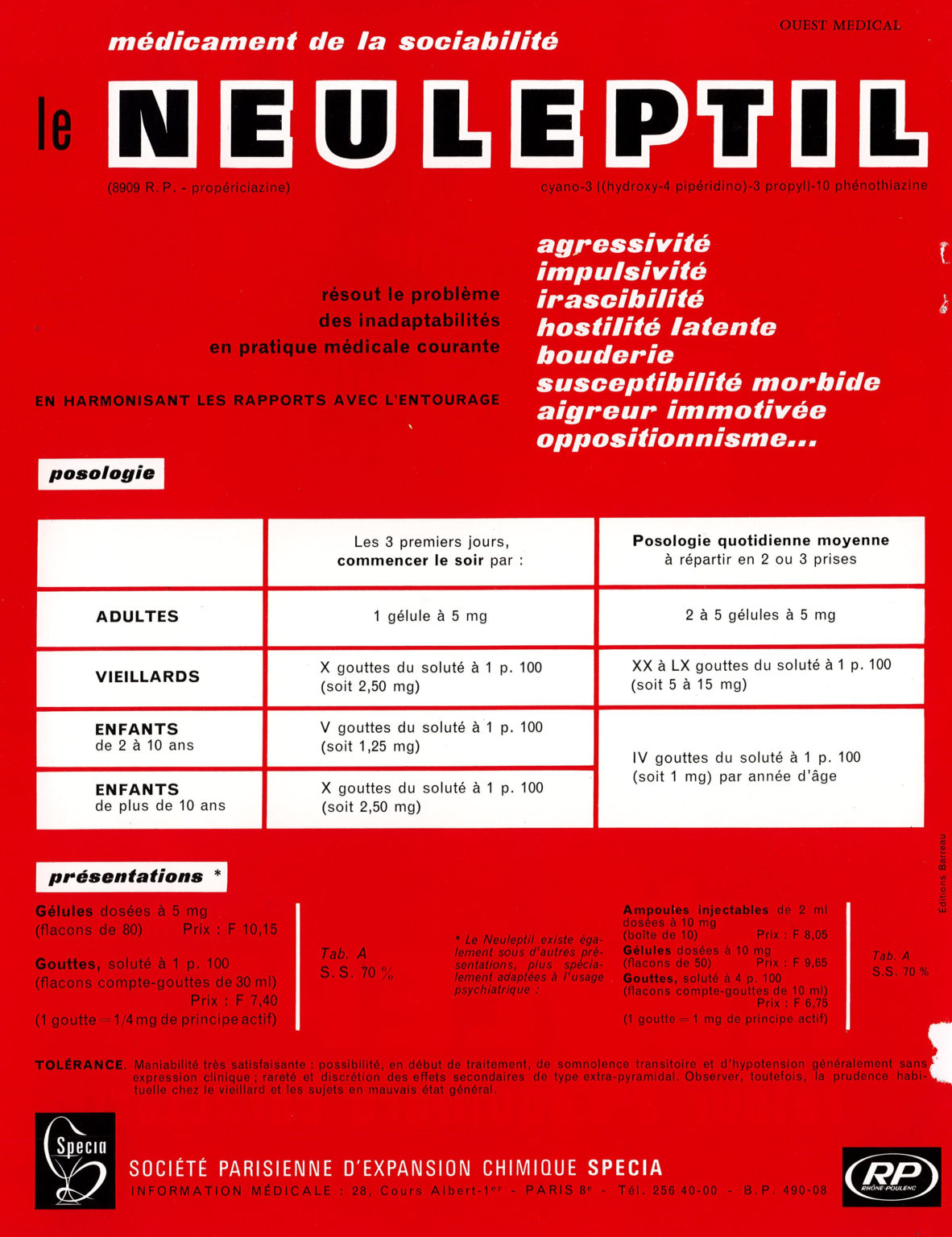 Neuleptil® (propericiazine), from SPECIA (Paris), 1972 - Oncowitan